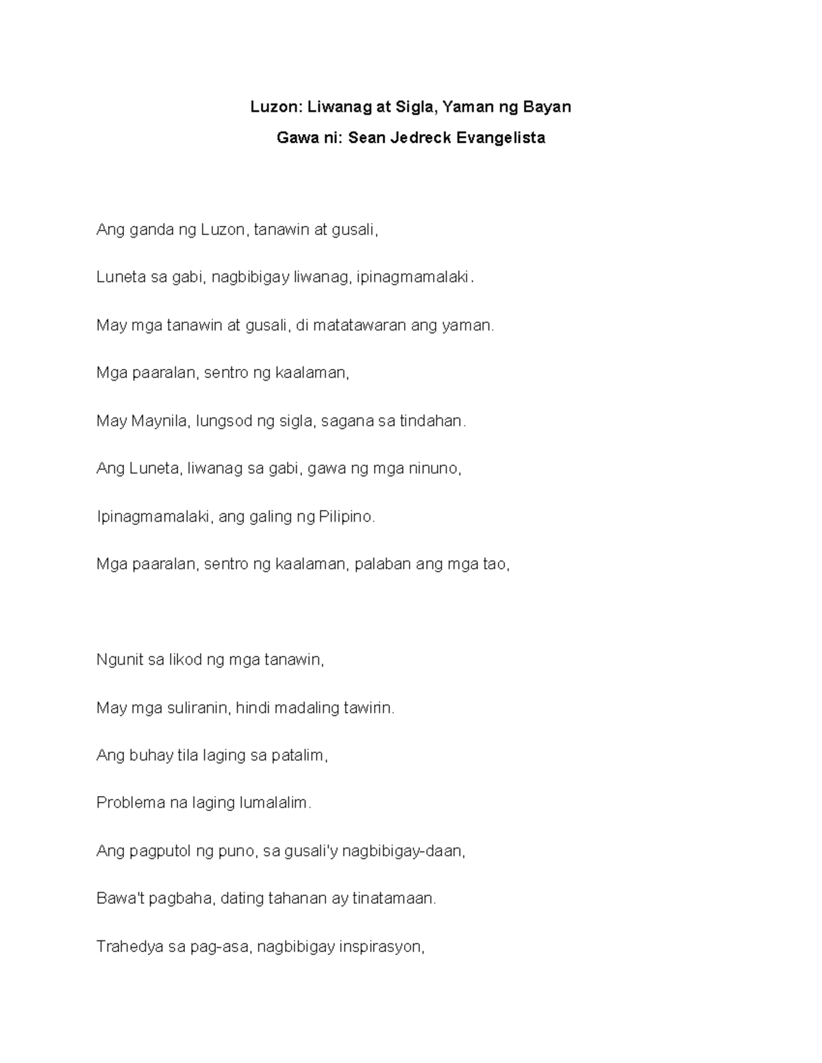 Sean Evangelista Filipino Qa 3 - Luzon: Liwanag at Sigla, Yaman ng ...