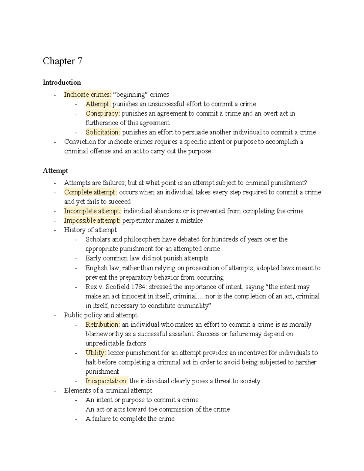 Criminal Law Textbook Notes - Ch 7 - Chapter 7 Introduction Inchoate ...