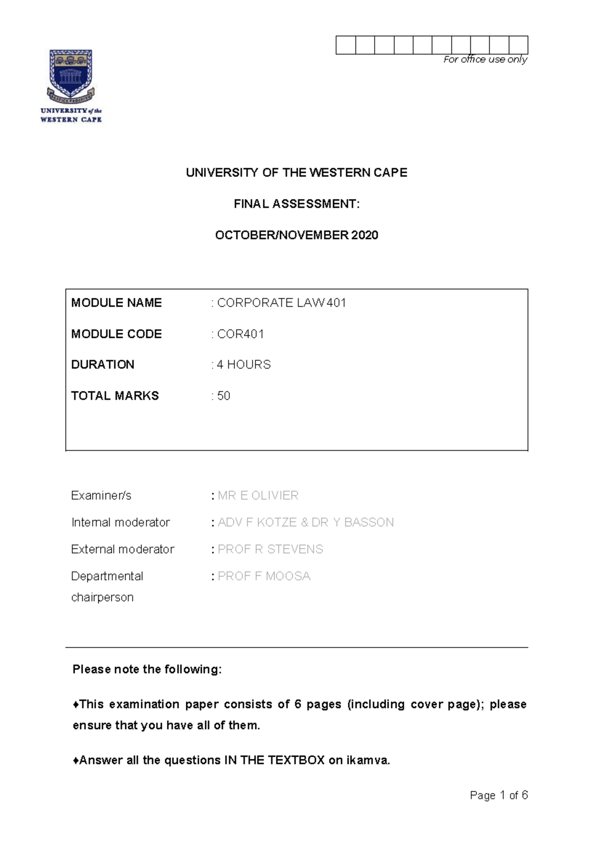 COR401 Final 2020 - exam - For office use only UNIVERSITY OF THE ...
