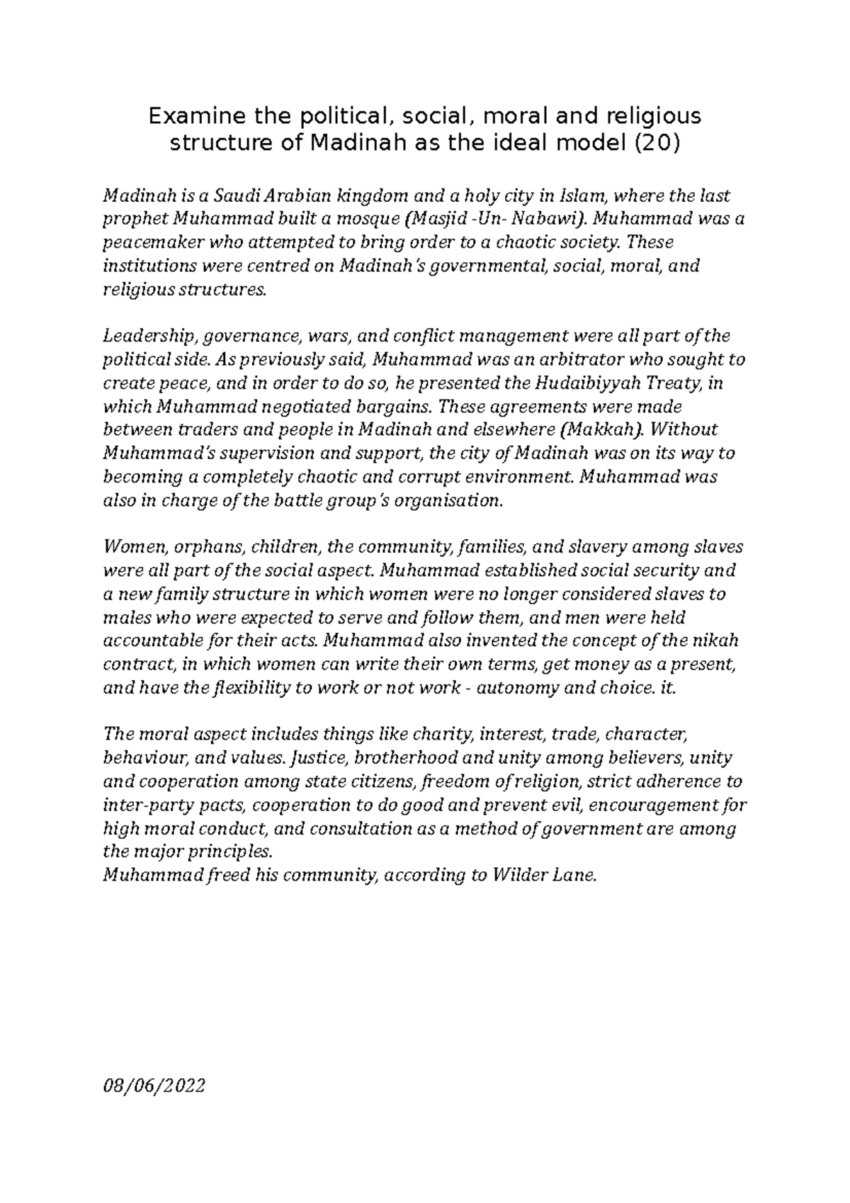 20 marker islam madina - good - Examine the political, social, moral ...