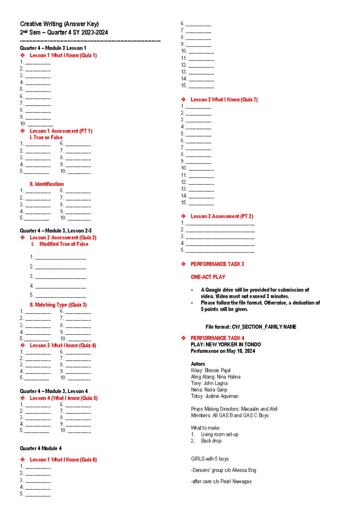 CW Quarter 4 2nd Sem Answer-Sheet - Creative Writing (Answer Key) 2 nd ...