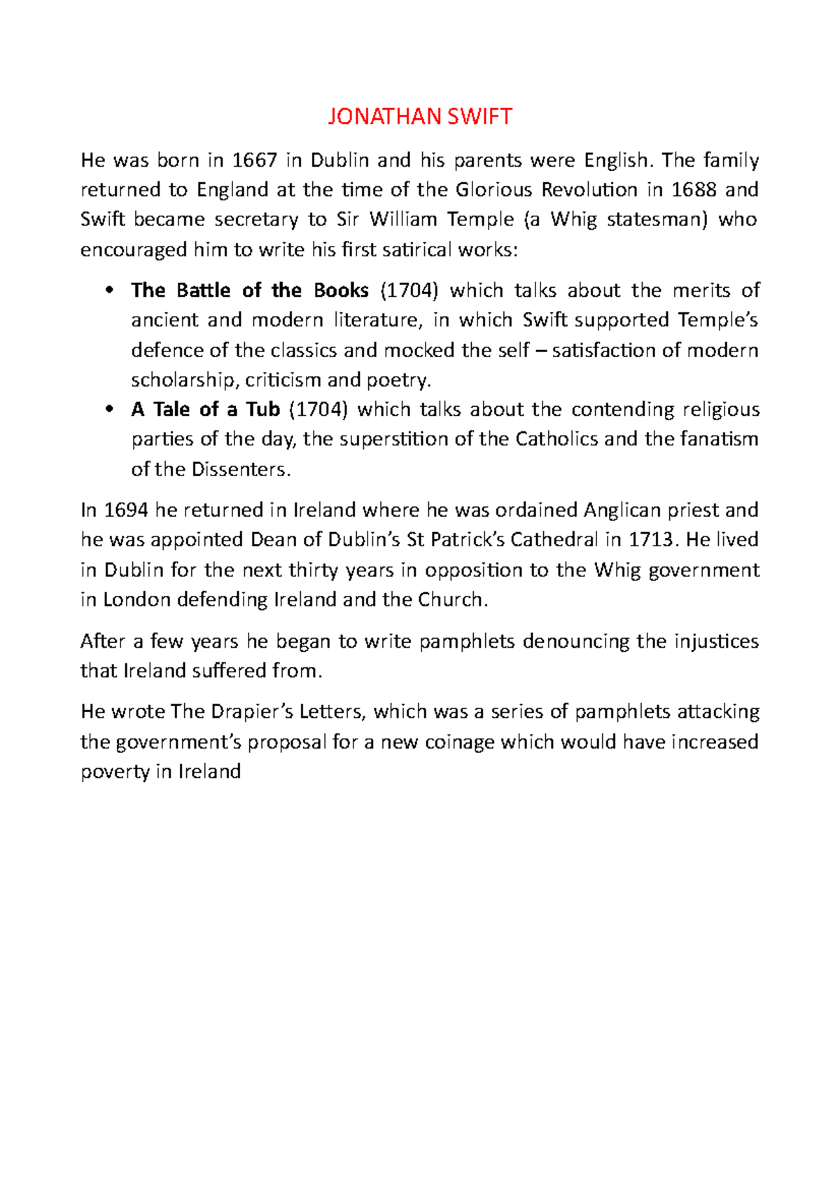 17TH Century England - English - JONATHAN SWIFT He was born in 1667 in ...