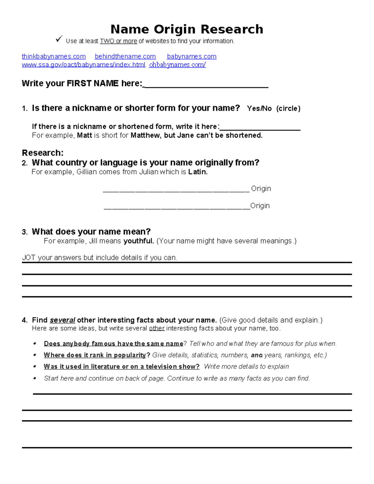 Current Name Research Worksheet - Homework - Name Origin Research Use ...