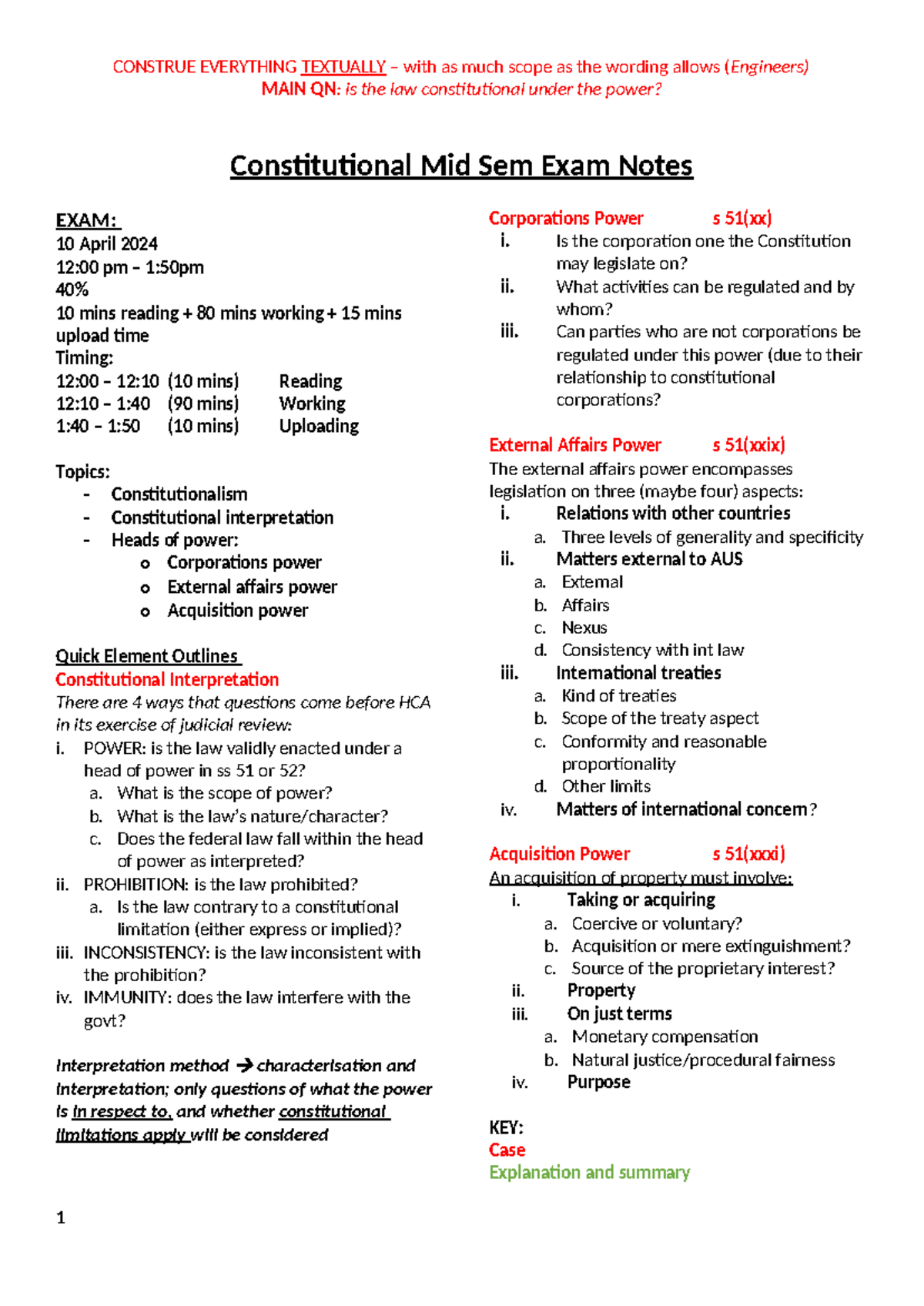 Mid Sem Exam Notes - MAIN QN: is the law constitutional under the power ...
