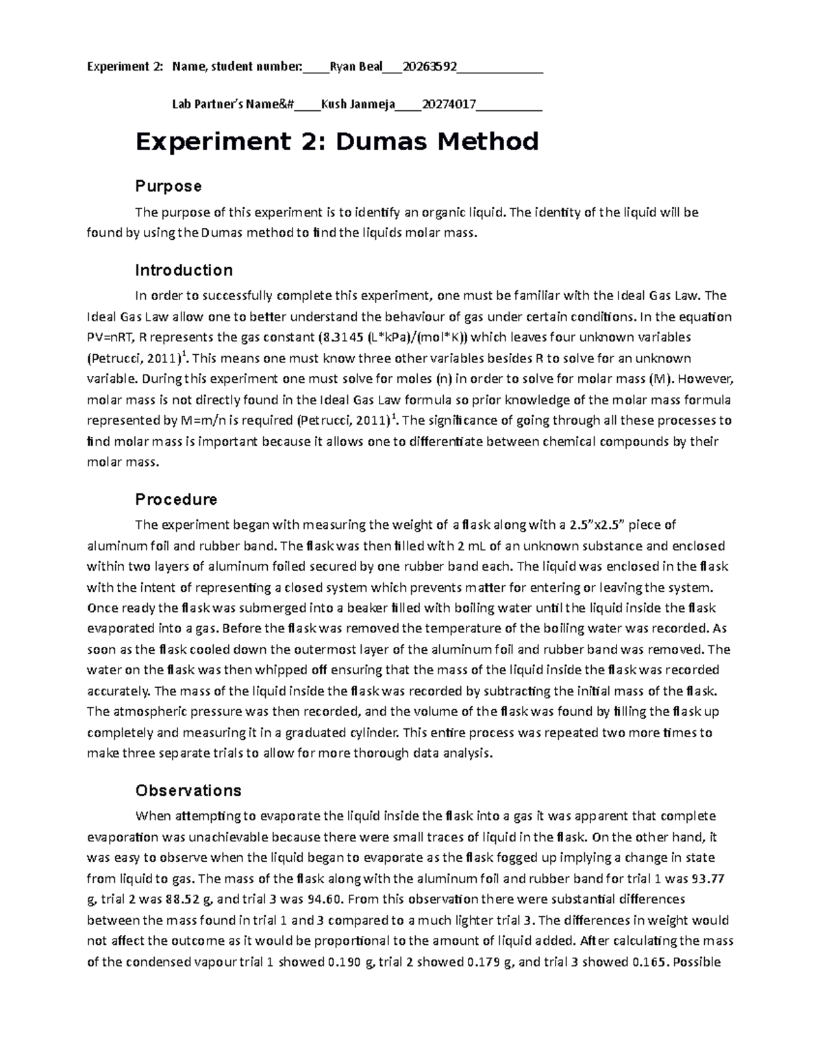 Experiment 2 Dumas Method 1 - Experiment 2: Name, student number:Ryan ...