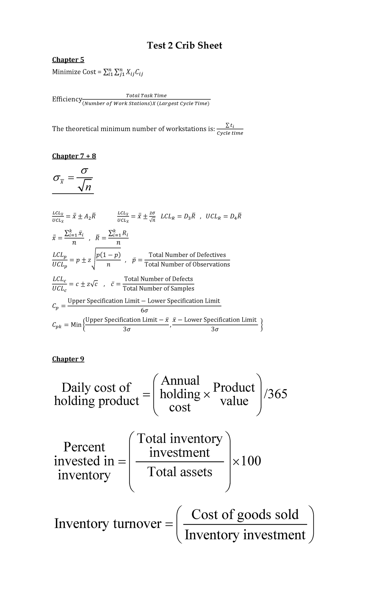 GMS401 - Test 2 Crib Sheet - F2023 - Test 2 Crib Sheet Chapter 5 ...