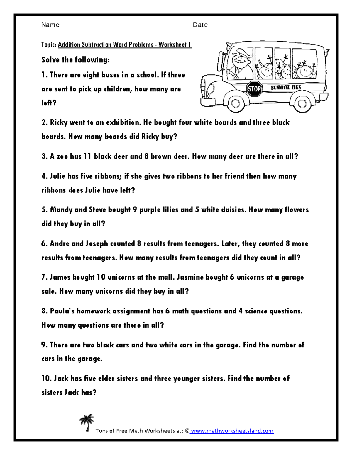 5pack - Basic math - Topic: Addition Subtraction Word Problems ...