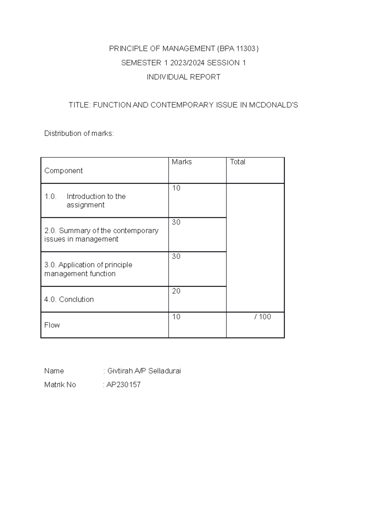 Mc Donald's - hmmm - PRINCIPLE OF MANAGEMENT (BPA 11303) SEMESTER 1 2023/2024 SESSION 1 ...