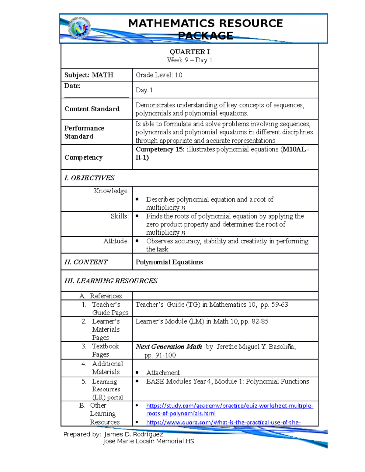 Math 10 DLP (Week 9 Day 1)) - PACKAGE QUARTER I Week 9 – Day 1 Subject ...