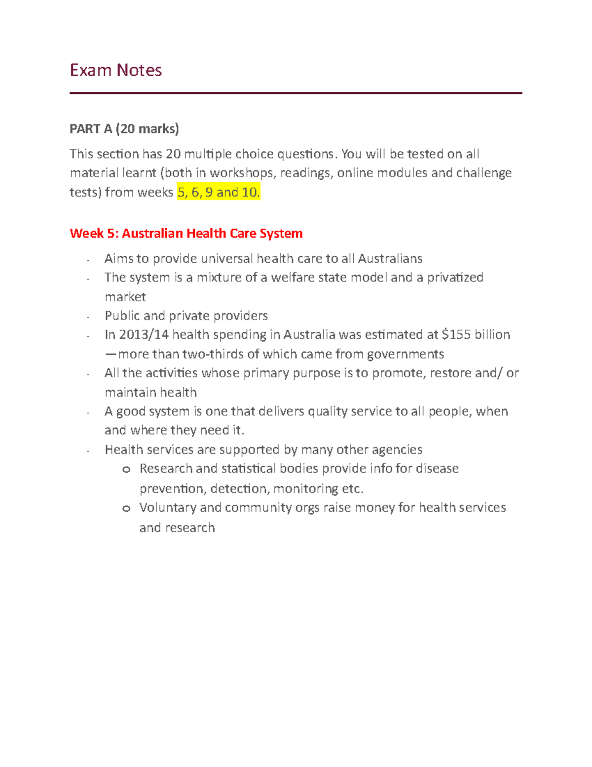 Exam Notes - Exam Notes PART A (20 marks) This section has 20 multiple ...