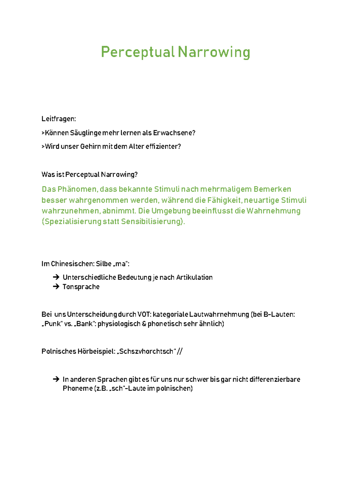 Seminar 9: Perceptual Narrowing (Gruppe C) - Perceptual Narrowing ...