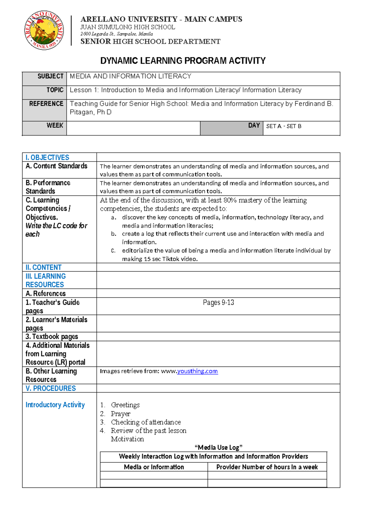 Lesson 1 Media and information literacy - JUAN SUMULONG HIGH SCHOOL ...