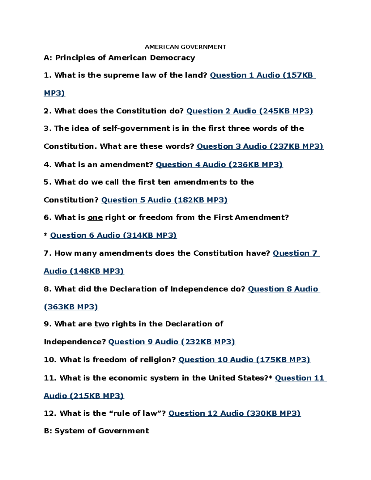American Government Warm up - AMERICAN GOVERNMENT A: Principles of ...