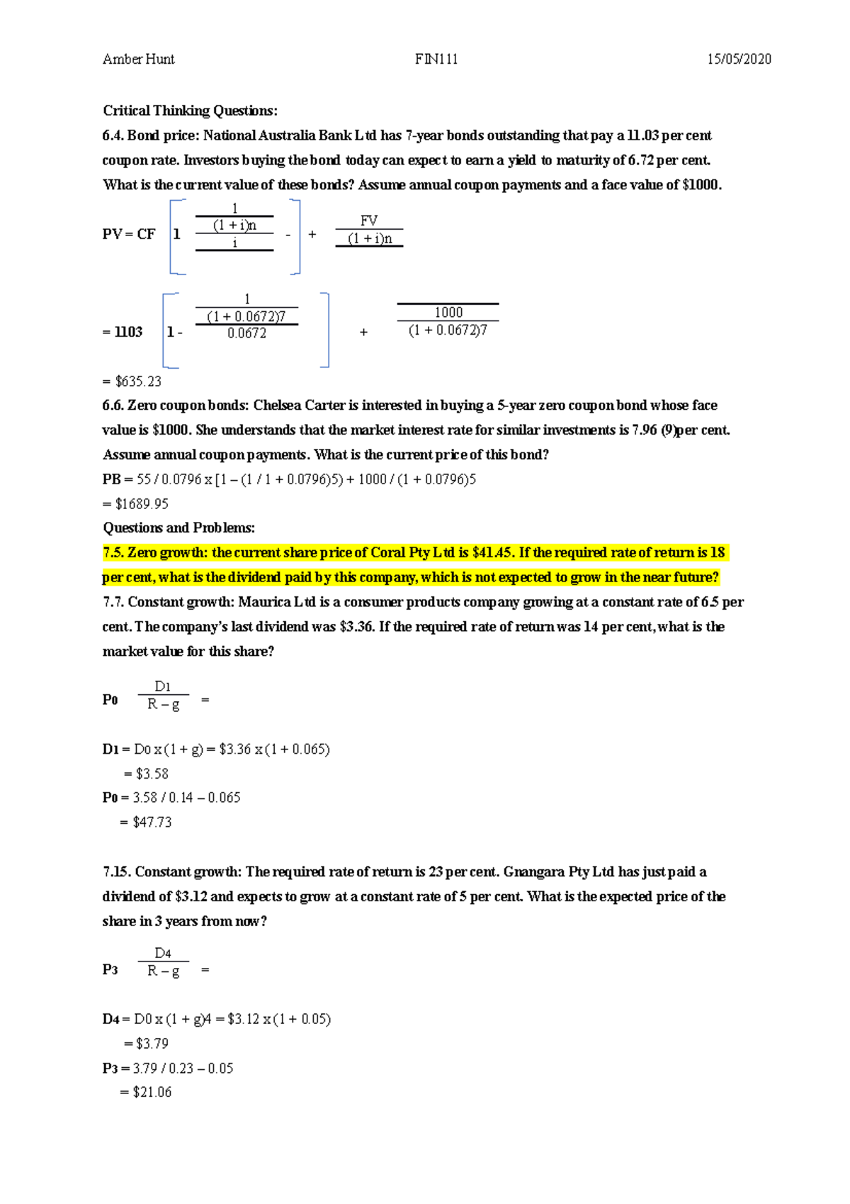FIN111 Week 9 - Homework - Amber Hunt FIN111 15/05/ Critical Thinking ...