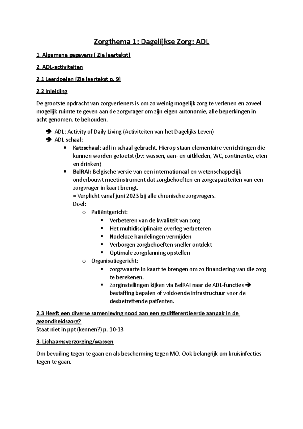 Zorgthema 1 ADL - Samenvatting Organiseren en coördineren van zorg ...