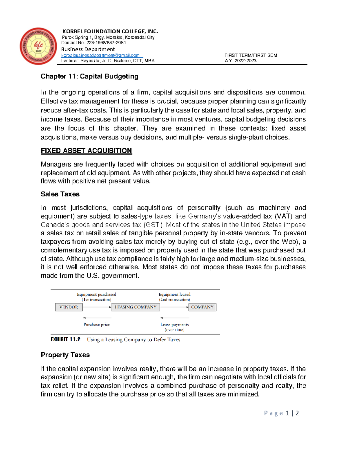Chapter 11 - Capital Budgeting - KORBEL FOUNDATION COLLEGE, INC. Purok ...
