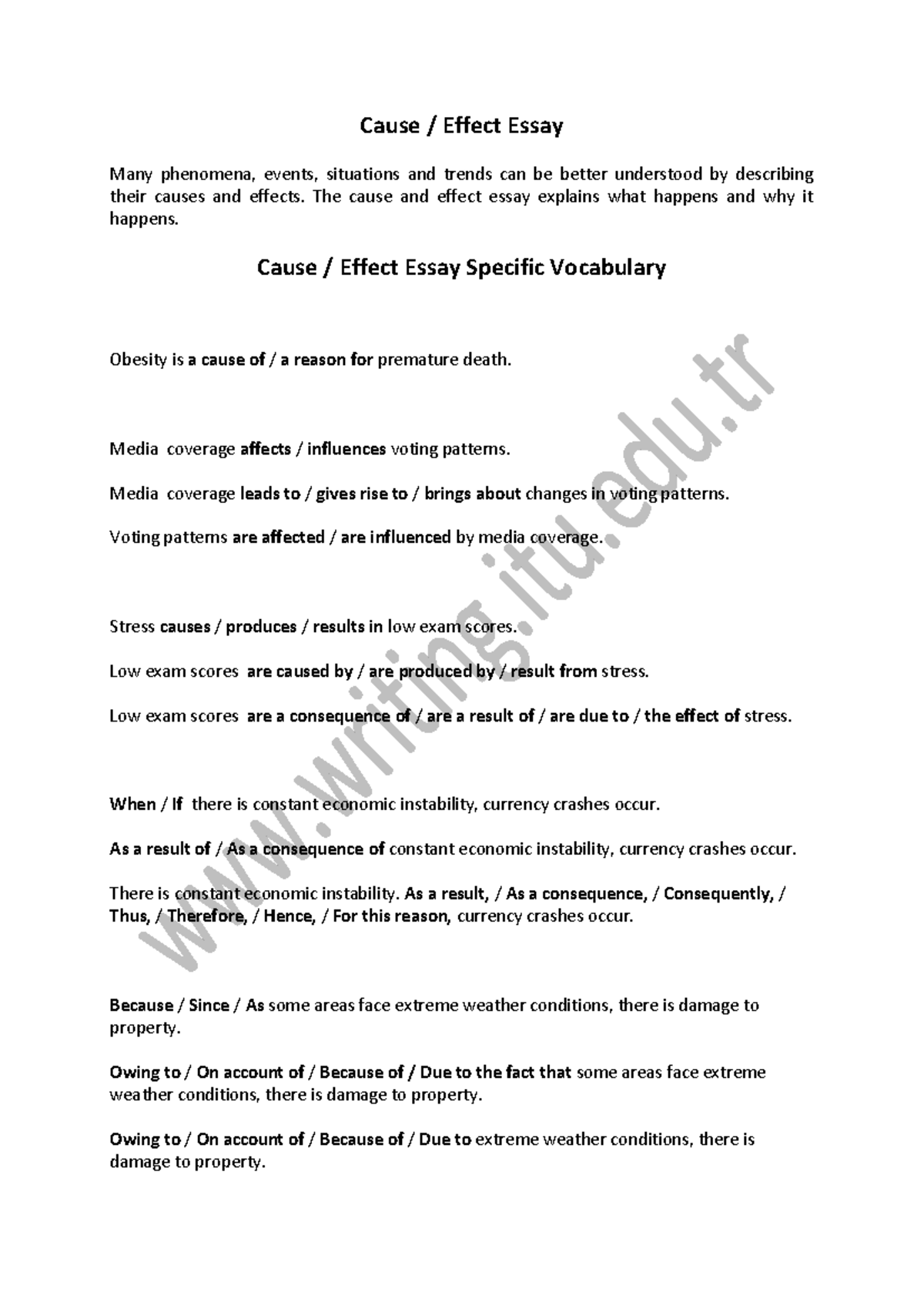 Class 20 Handout of Cause Effect Analysis Essay - Cause / Effect Essay ...