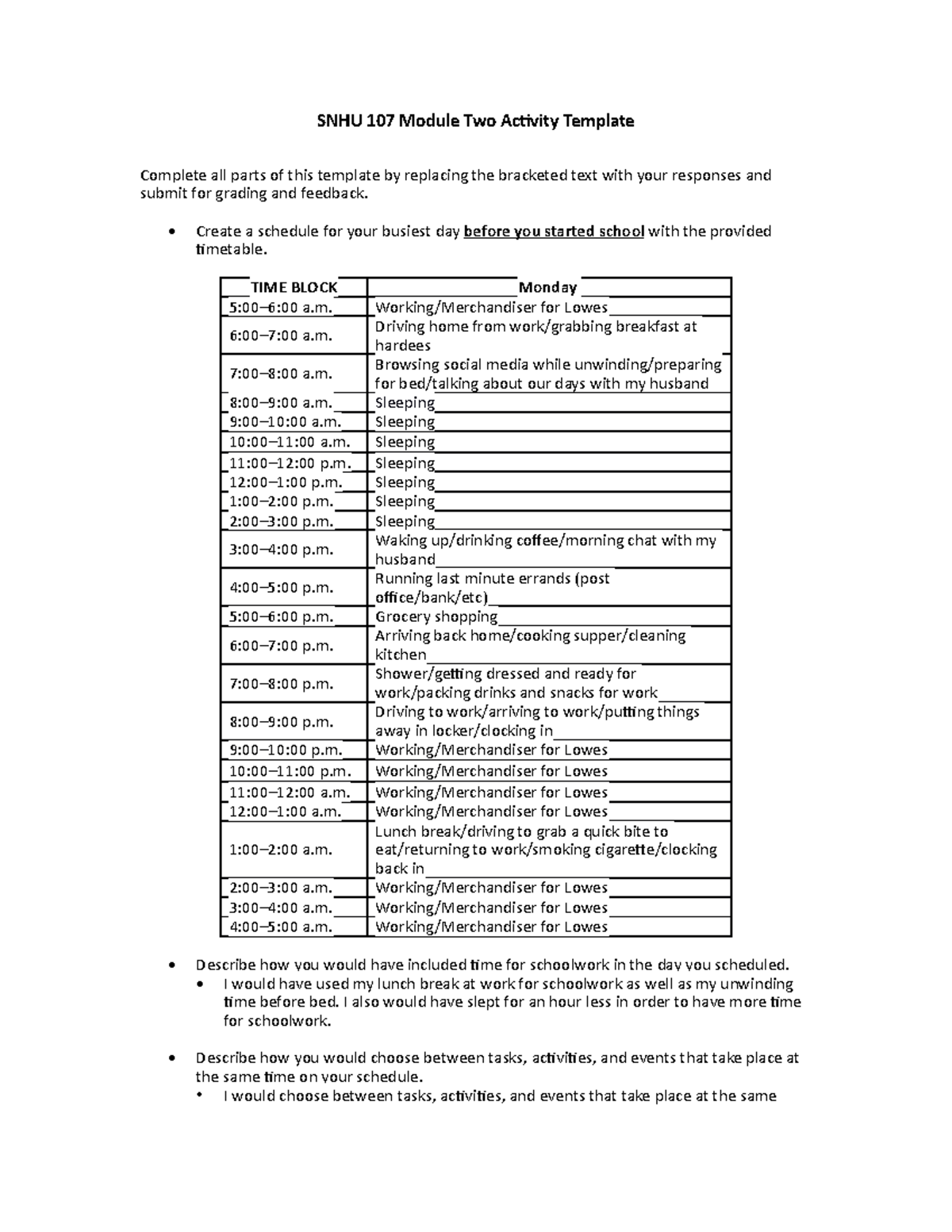 SNHU 107 Module Two Activity - Create a schedule for your busiest day ...