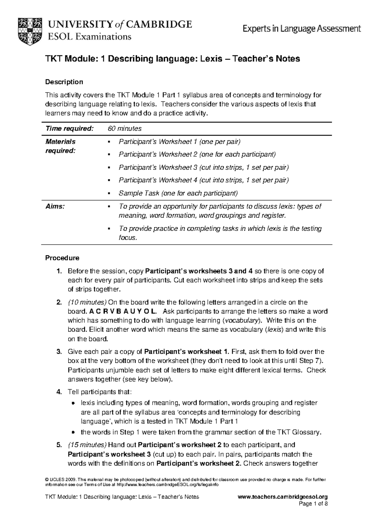 TKT Module 1 Describing language Lexis - Teachers consider the various ...