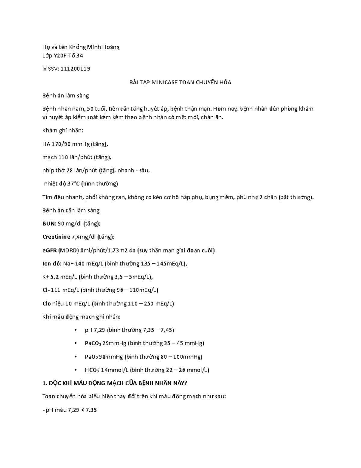Bài tập minicase toan chuyển hóa - H ọ và tên Kh ng Minh Hoàngổ L p Y20F-Tớ ổ 34 MSSV: 111200119 ...