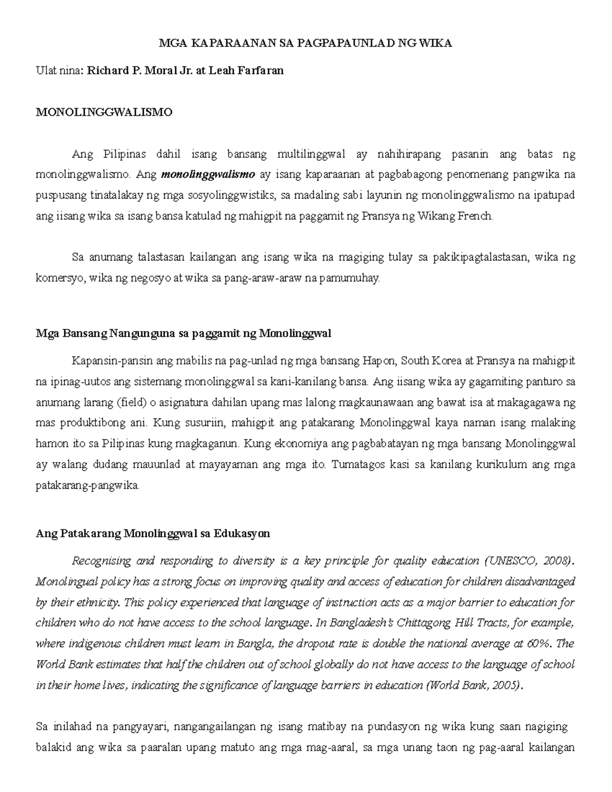 Ulat sa monolinggwalismo multilinggwalismo at bilinggwalismo - MGA ...