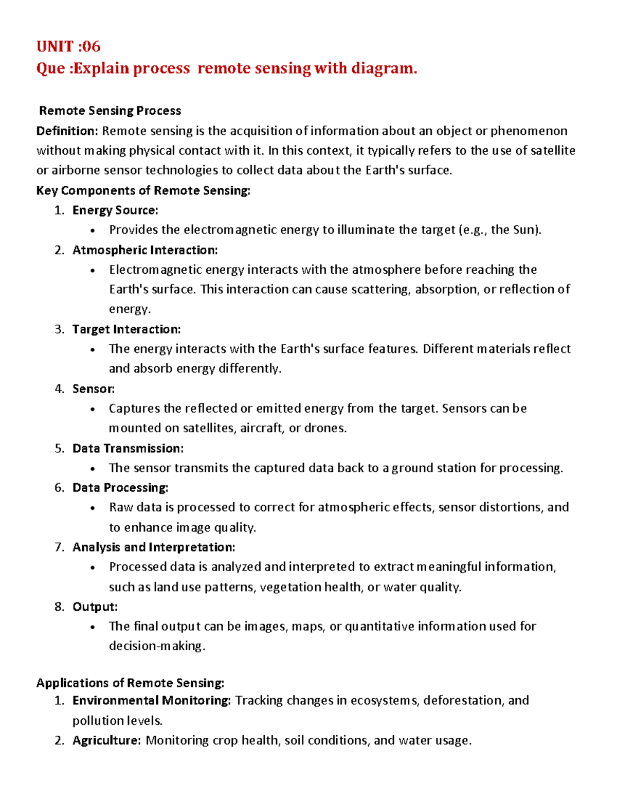 IP Ut-6 PYQ - UNIT : Que :Explain process remote sensing with diagram. Remote Sensing Process ...