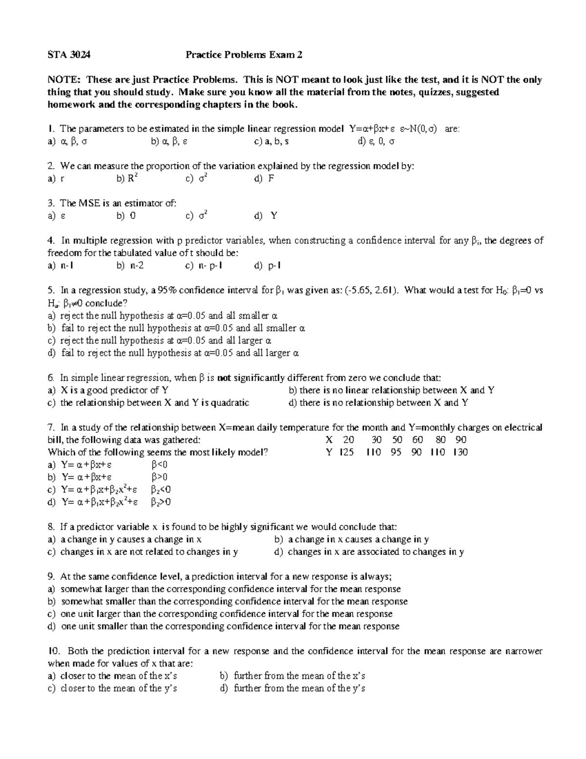 Practice Exam Regression 3024 with satata - STA 3024 Practice Problems ...