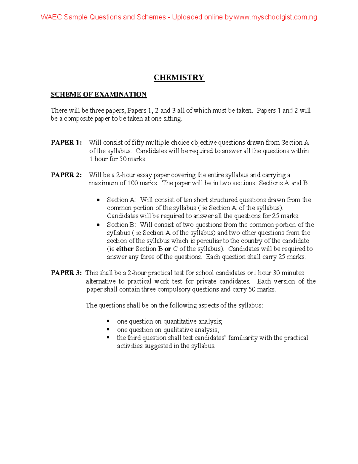 Chemistry - CHEMISTRY SCHEME OF EXAMINATION There will be three papers ...