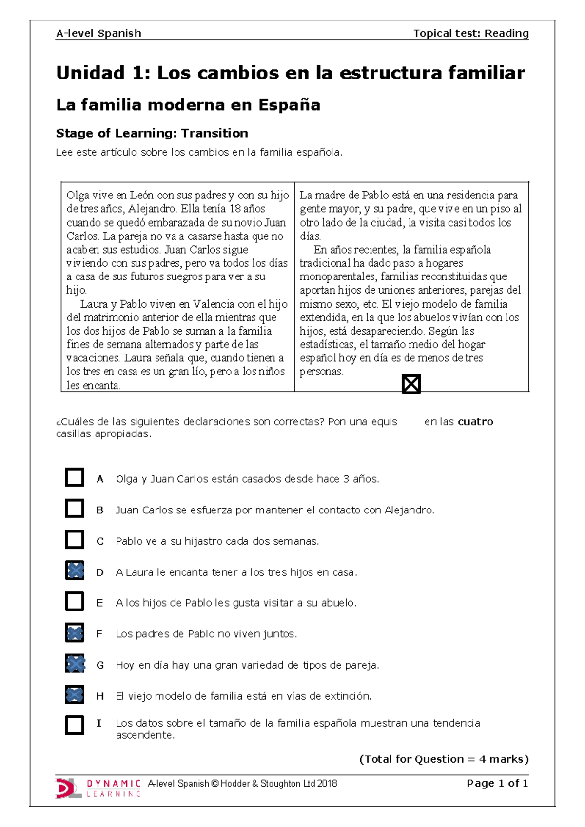 U1 Topic test (reading)- La familia moderna en España - A-level Spanish ...
