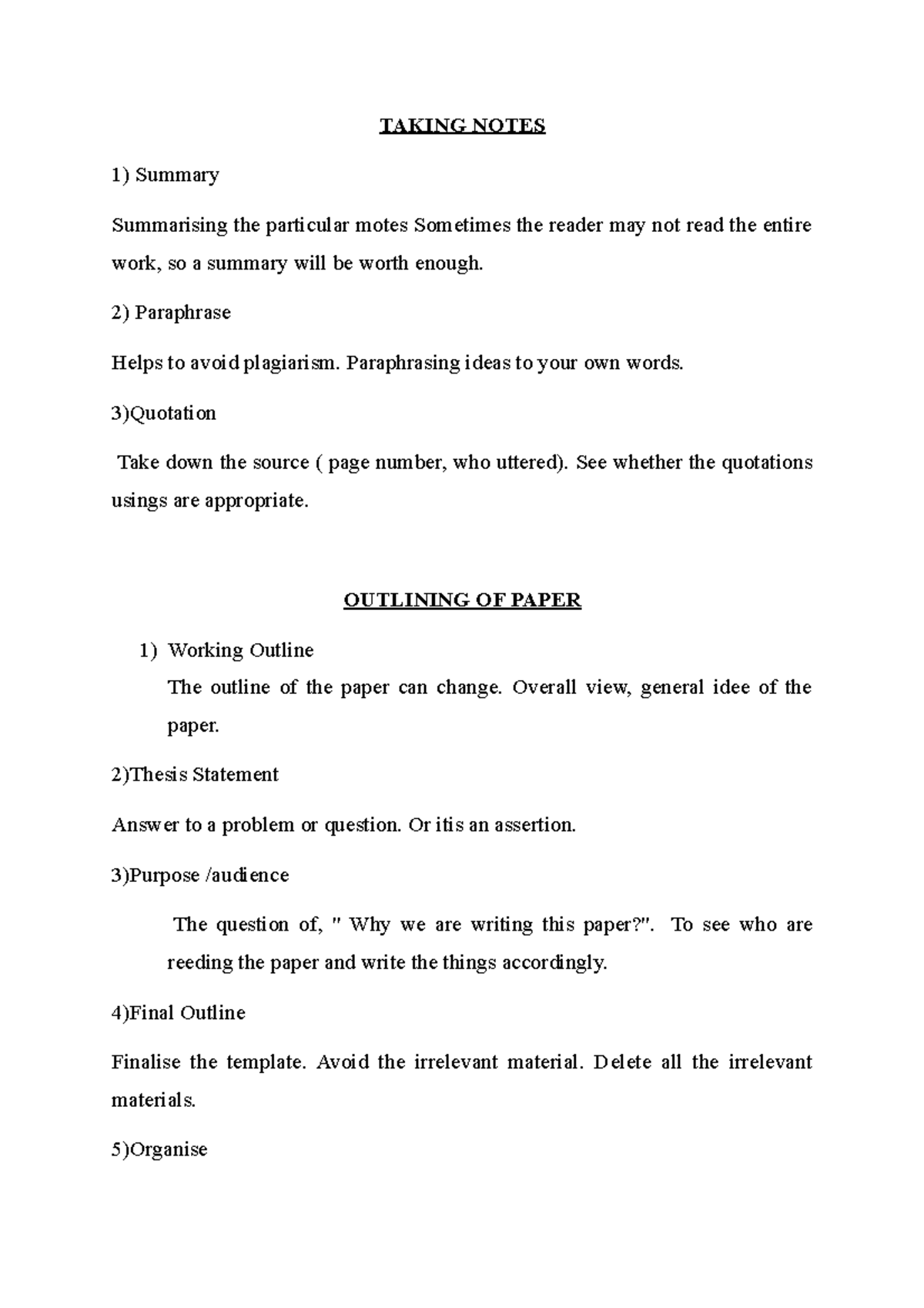 Taking Notes, Outlining - TAKING NOTES Summary Summarising the ...