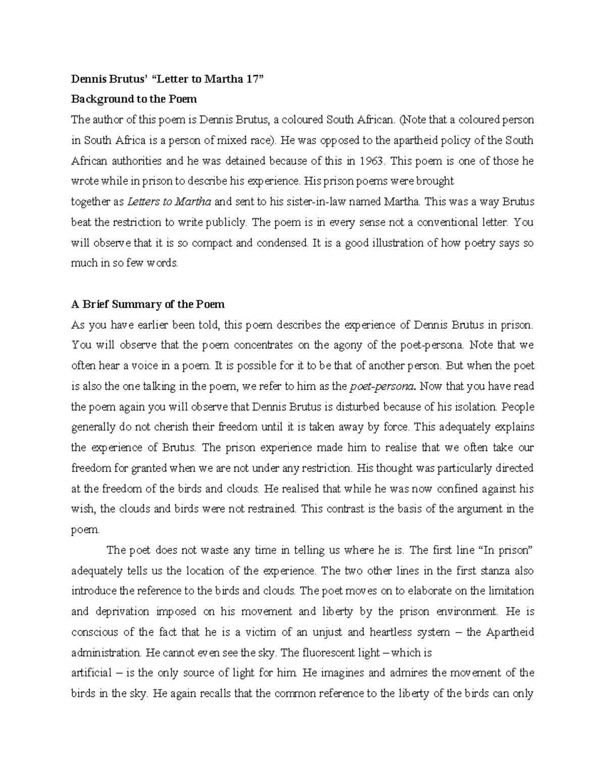 Analysis of Letter to Martha 17 - Dennis Brutus’ “Letter to Martha 17 ...