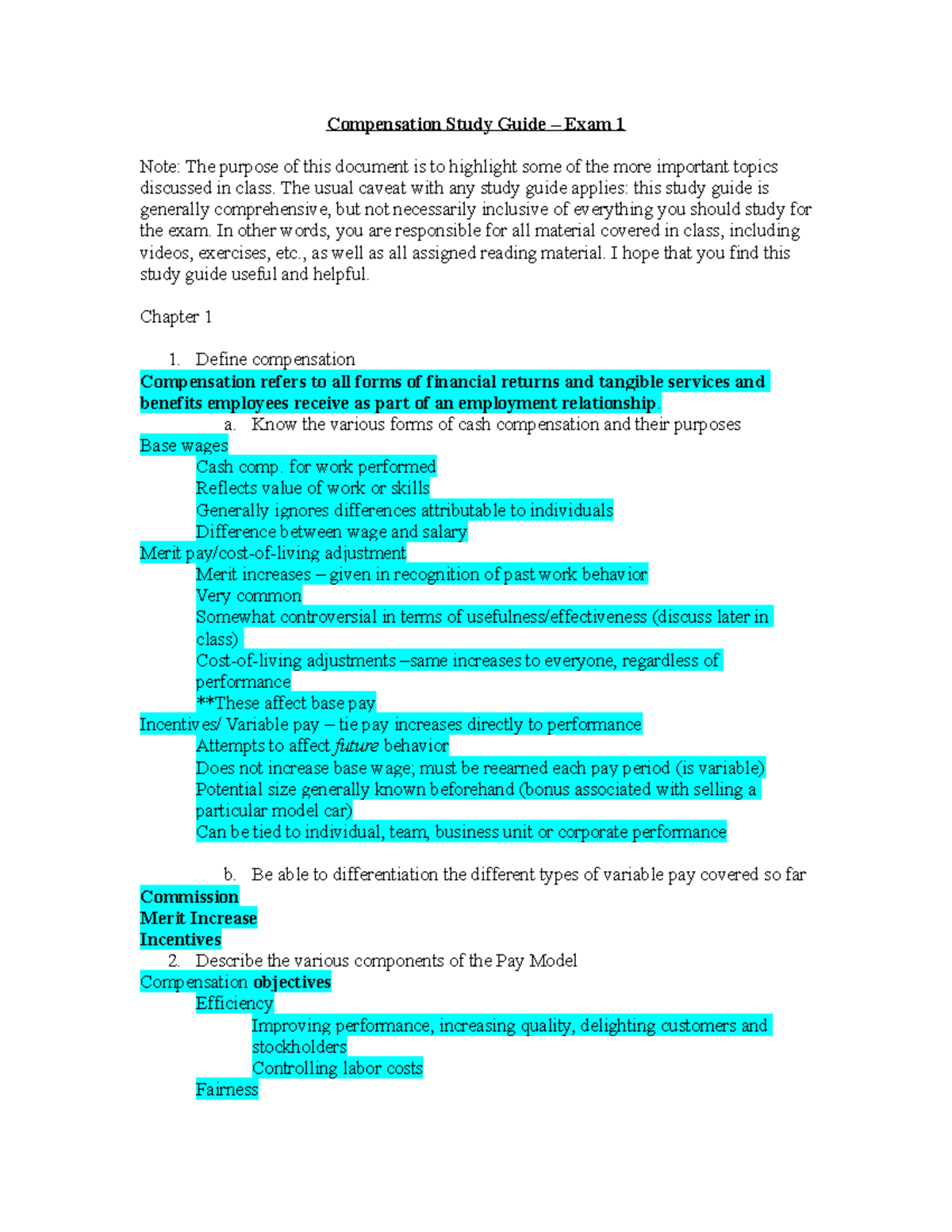 Compensation Exam I Study Guide with Answers - Compensation Study Guide ...