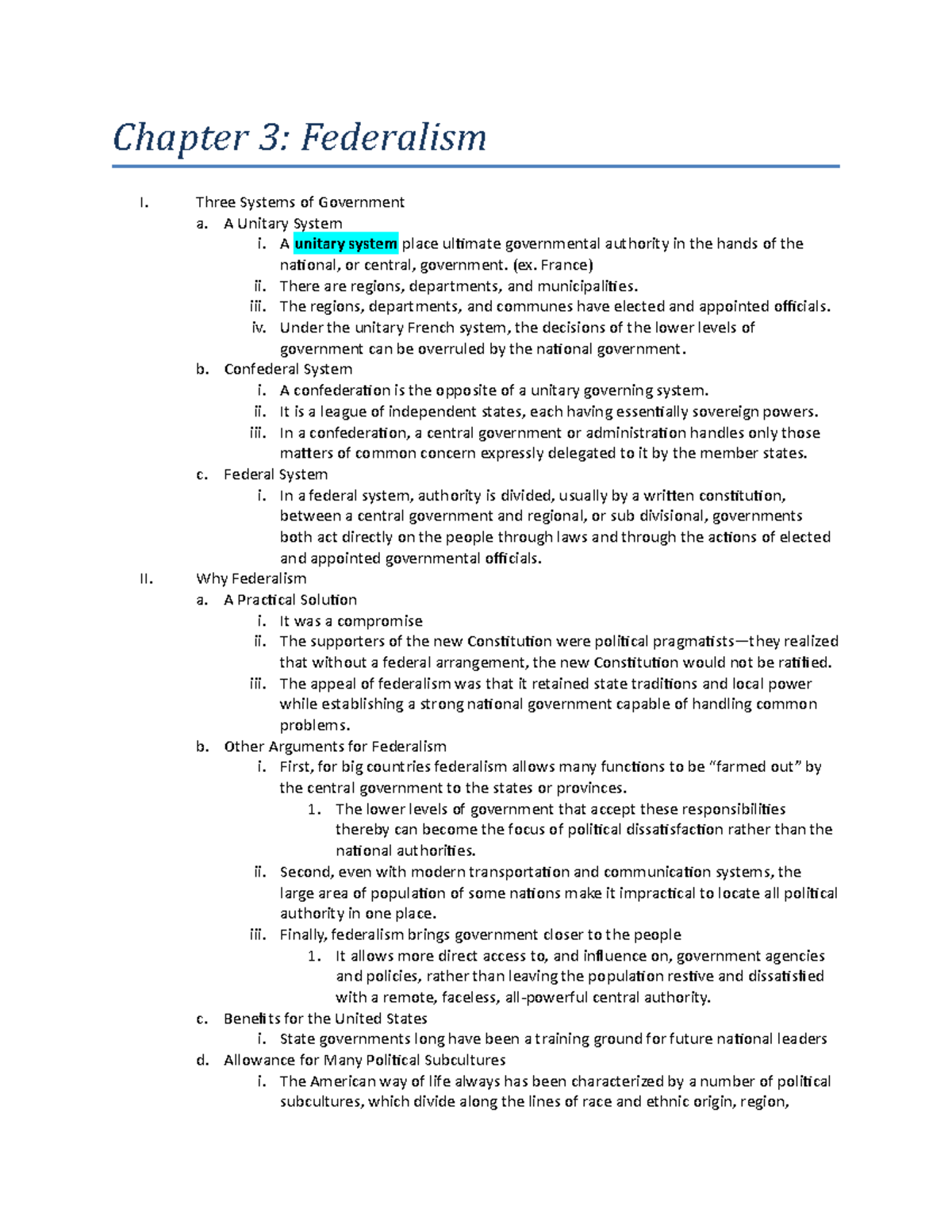 Chapter 3 - Lecture notes 1 - Chapter 3: Federalism I. Three Systems of ...
