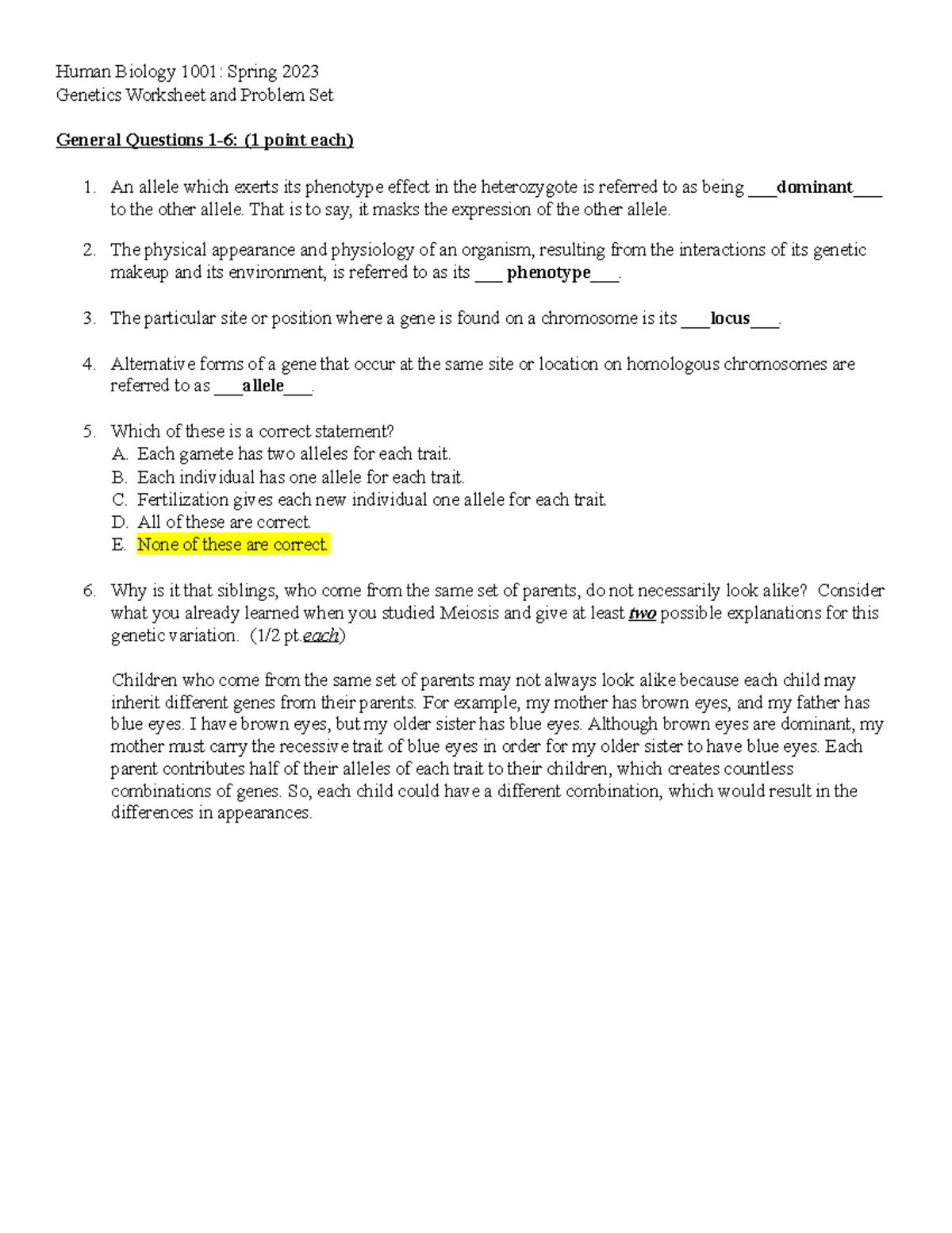 Genetics Worksheet - Human Biology 1001: Spring 2023 Genetics Worksheet ...