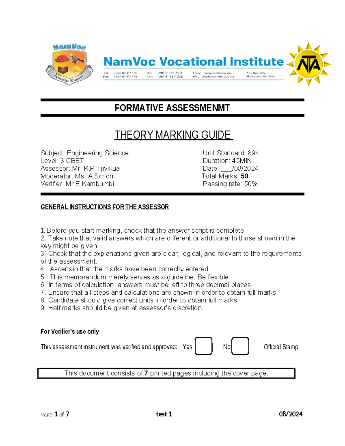 Formative Assessmenmt 1 - FORMATIVE ASSESSMENMT THEORY MARKING GUIDE ...