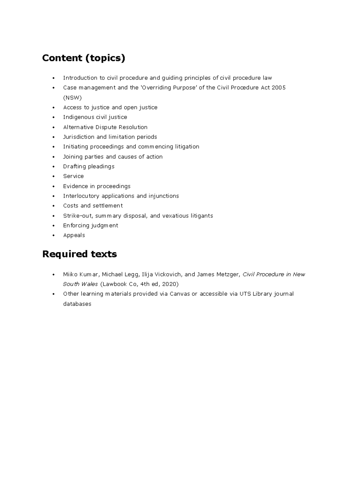 Content topics - Content (topics) Introduction to civil procedure and ...