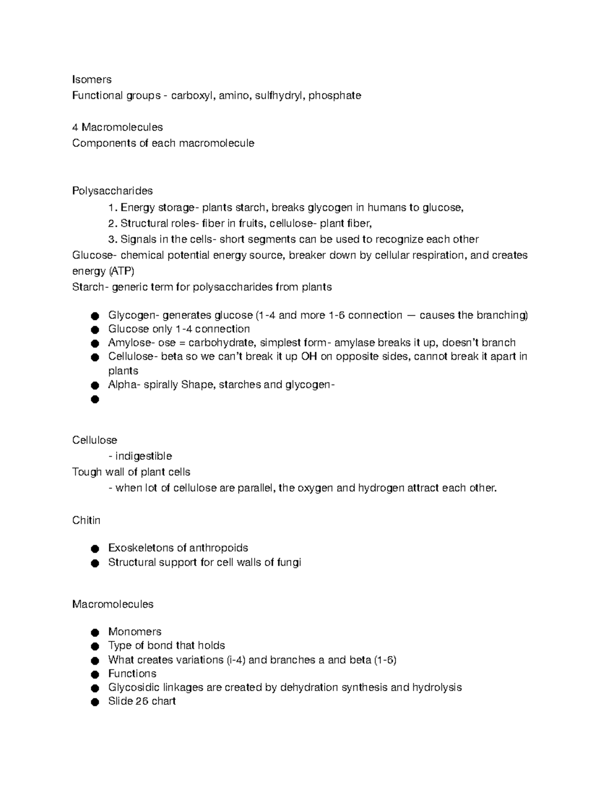 Bio ch 5 notes - Isomers Functional groups - carboxyl, amino ...