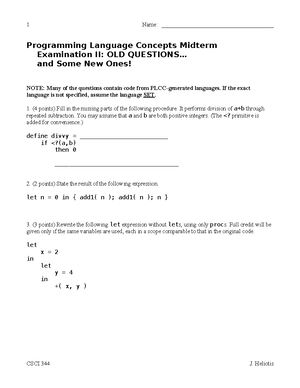 Exam1-2019 5 - Practice for exam 1 [Fall 2020] - Programming Language Concepts CSCI 344 Midterm ...