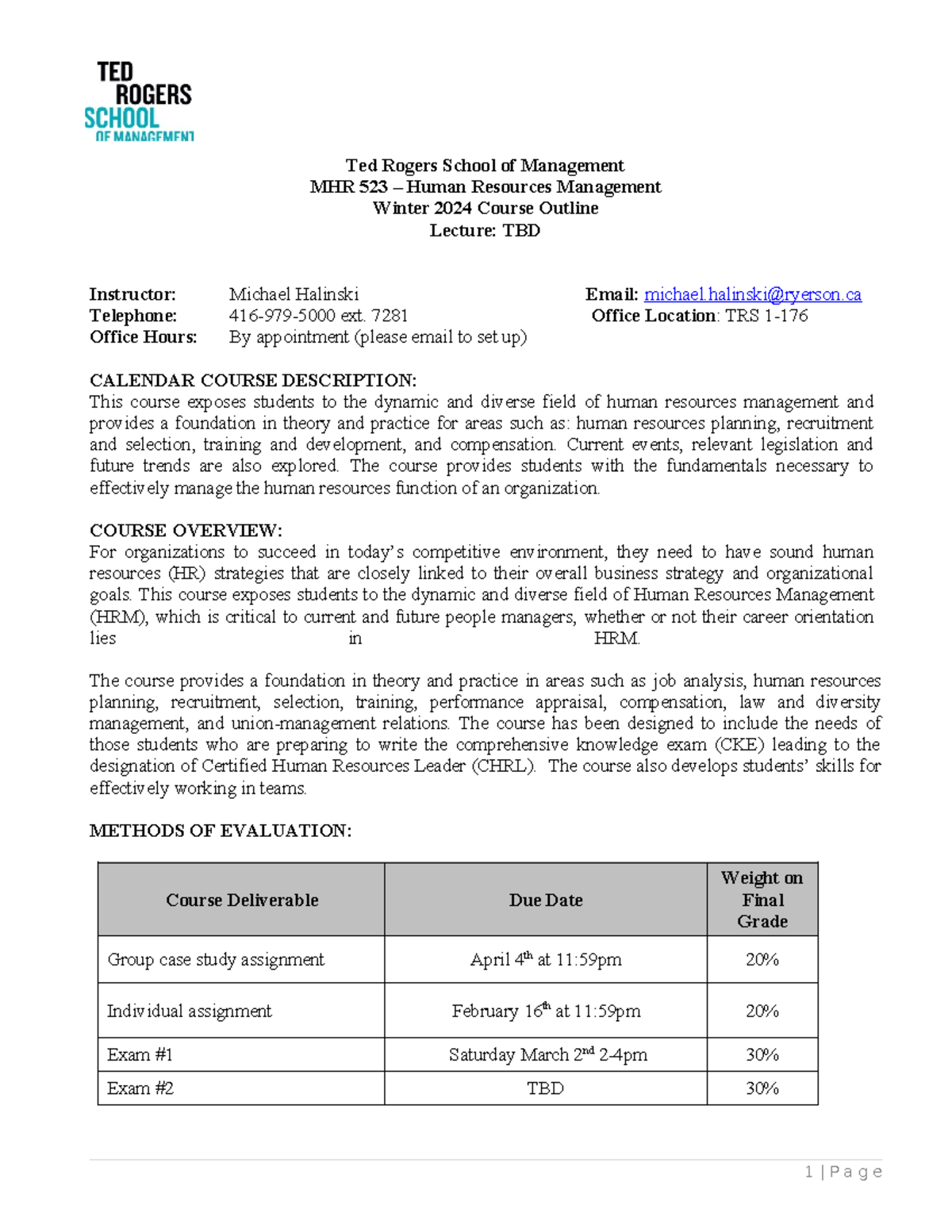 W24 MHR523 Outline Halinski - Ted Rogers School of Management MHR 523 ...