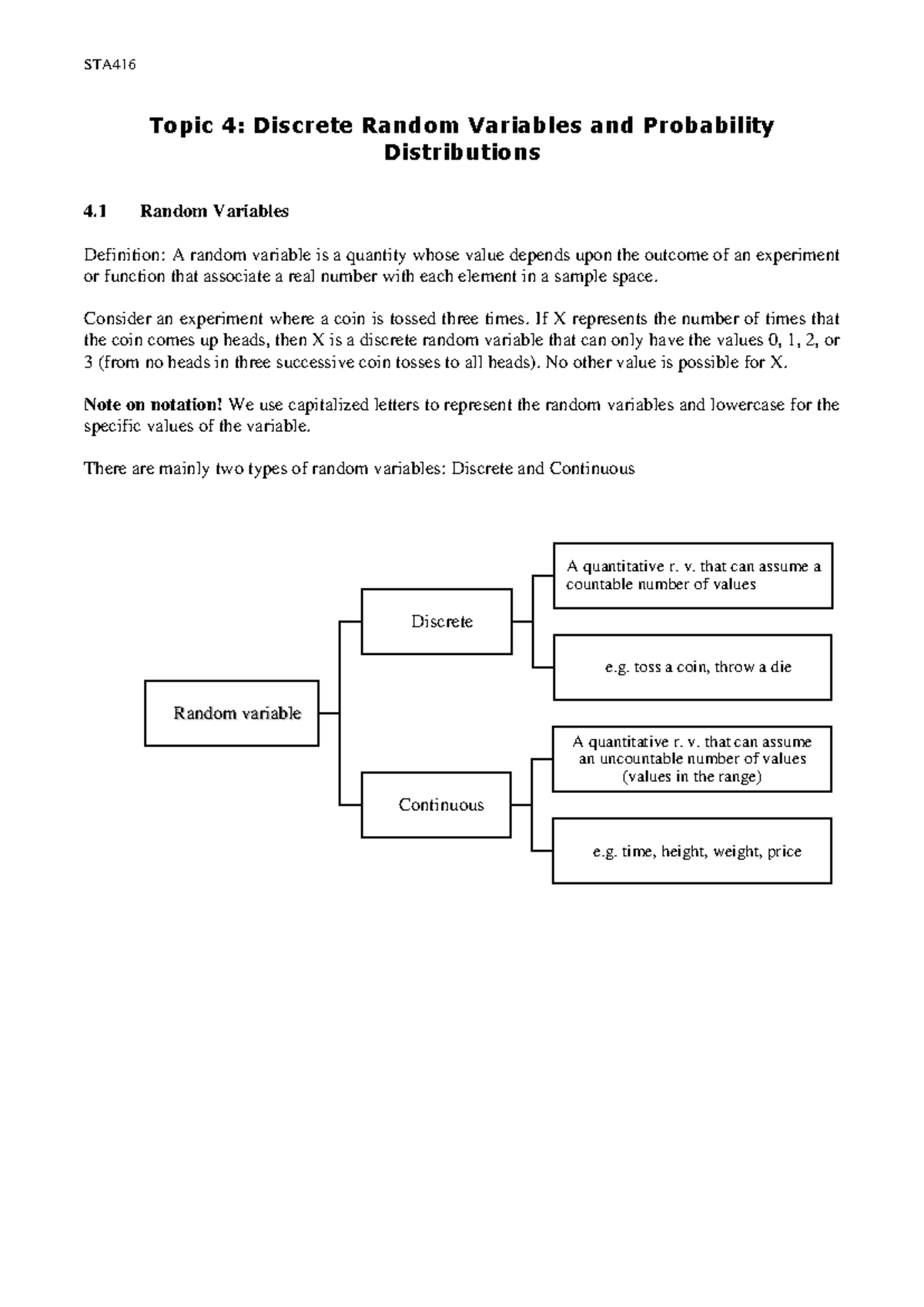 Chapter 4 Discrete Random Variables Student - STA Topic 4 : Discrete Random Variables and - Studocu
