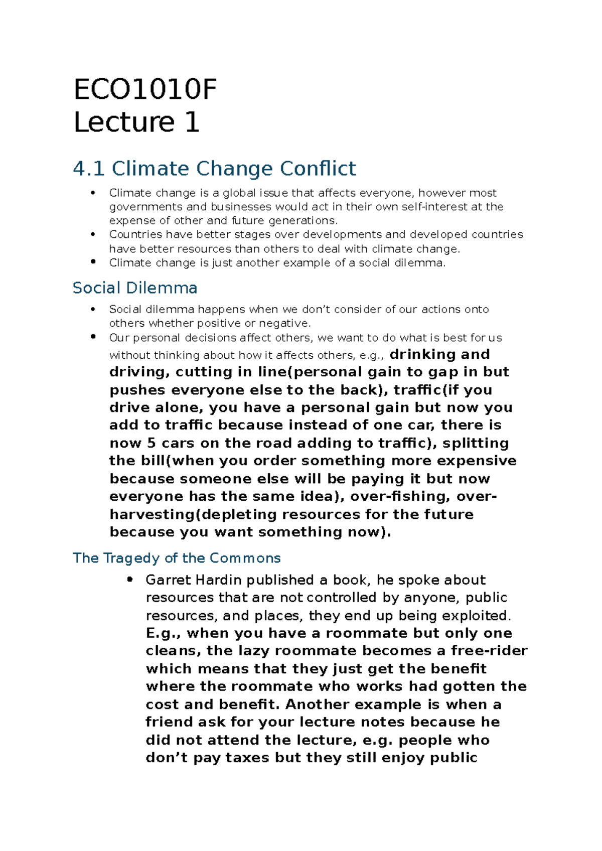 ECO1010F Unit 4 Lecture 1 - ECO1010F Lecture 1 4 Climate Change ...