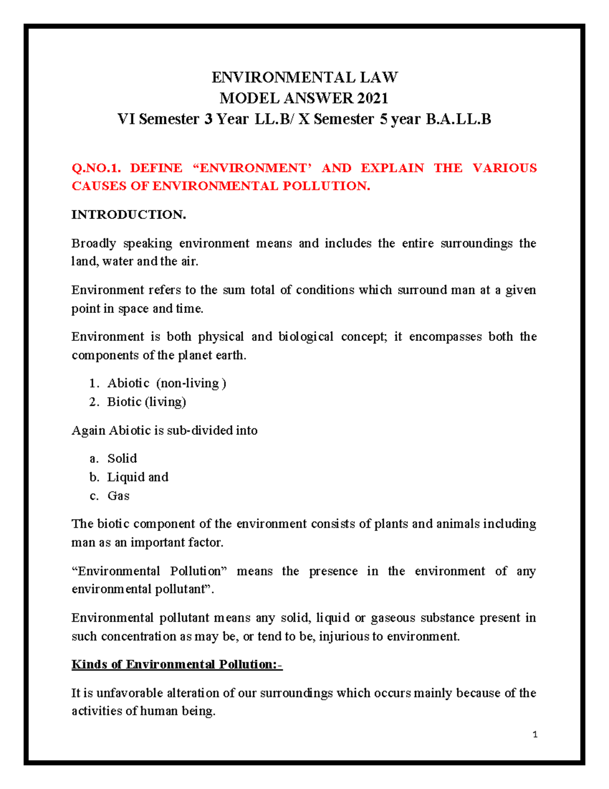 Environmental LAW Model Answer - ENVIRONMENTAL LAW MODEL ANSWER 2021 VI ...