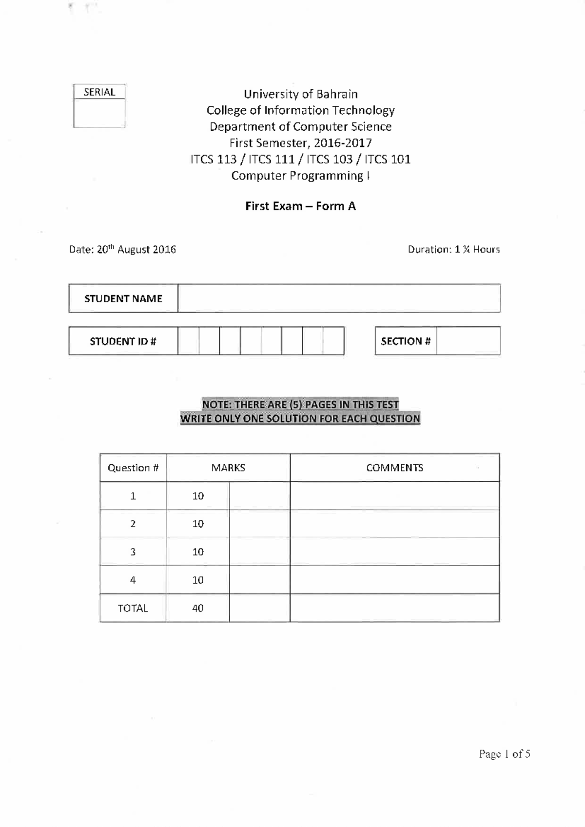 ITCS113-111-Key Solution - Computer Programming - Studocu