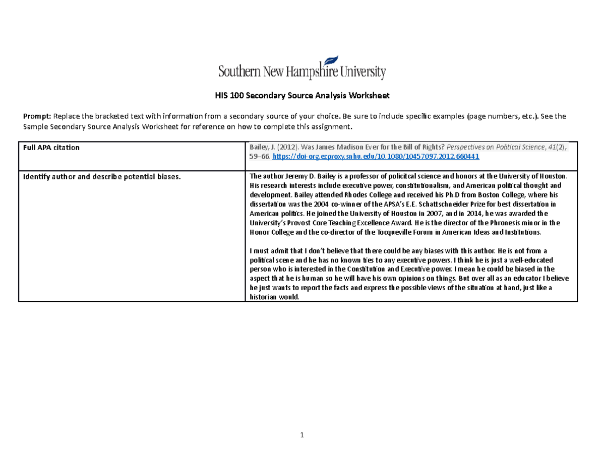 HIS 100 Secondary Source Analysis Worksheet - HIS 100 Secondary Source ...