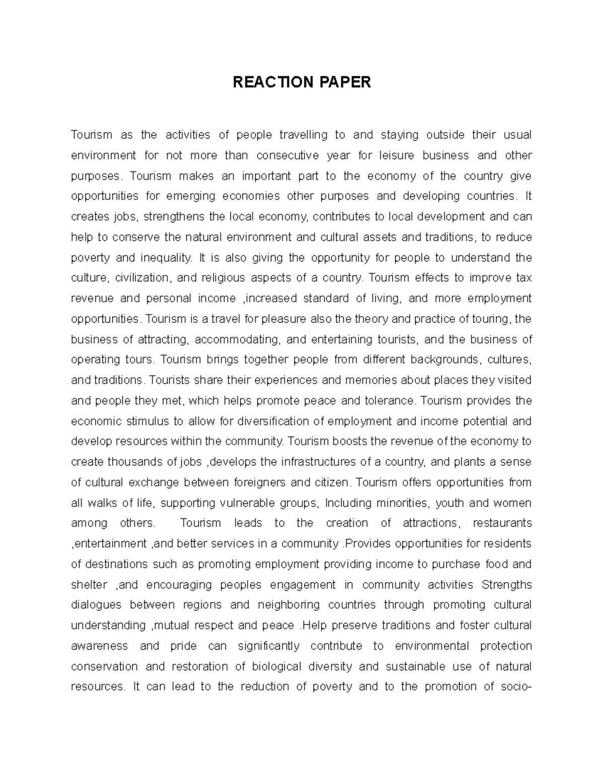 Reaction Paper In Tourism - REACTION PAPER Tourism as the activities of ...