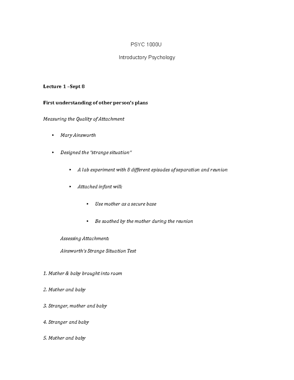 Introductory Psychology - Lecture notes - PSYC 1000U - PSYC 1000U ...