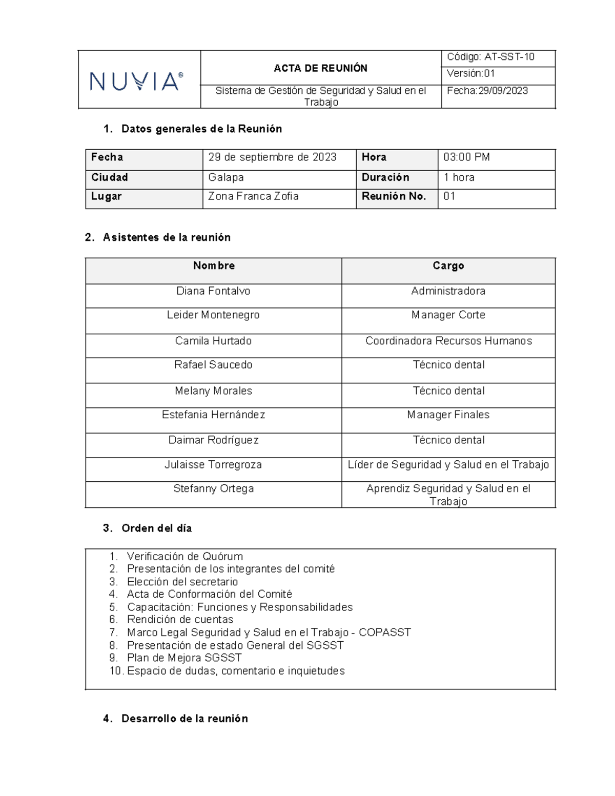 ACT-SST-10 Acta de Reunión - ACTA DE REUNIÓN Versión: Sistema de ...