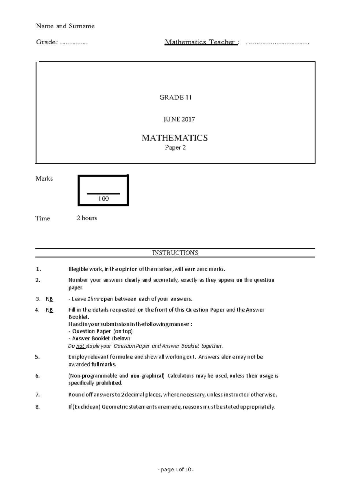 E2 Gr 11 2017 June Paper 2 - Name and Surname Grade ...