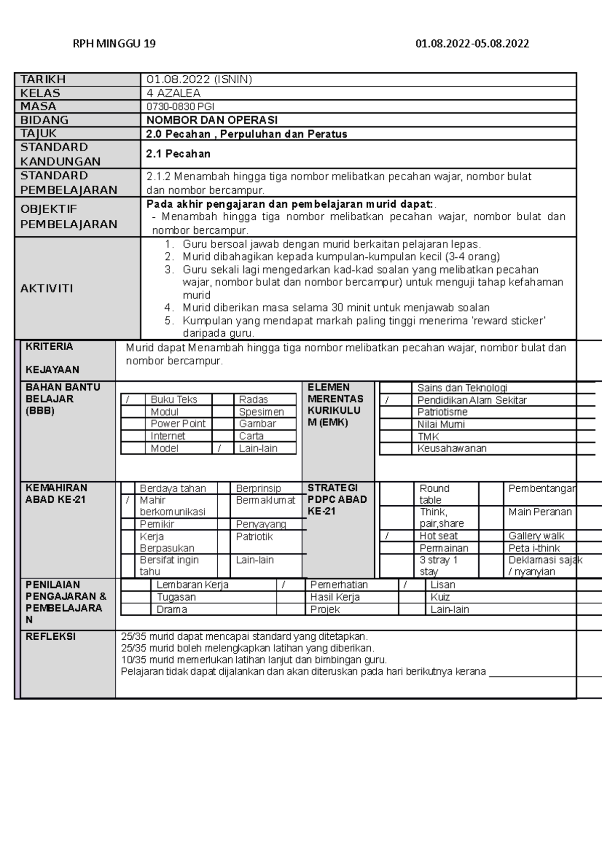 RPH M19 - rph - TARIKH 01.08 (ISNIN) KELAS 4 AZALEA MASA 0730-0830 PGI BIDANG NOMBOR DAN OPERASI ...