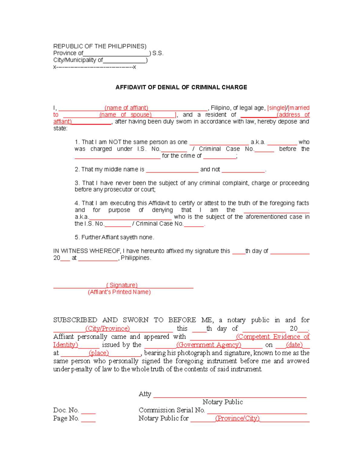 Affidavit Of Denial Of Criminal Charge REPUBLIC OF THE PHILIPPINES affidavit-of-denial-of-criminal-charge-republic-of-the-philippines